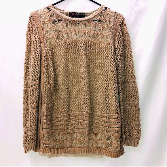 Peck & Peck | Sweaters | Copper Metallic Open Knit Sweater Tan Bronze ...